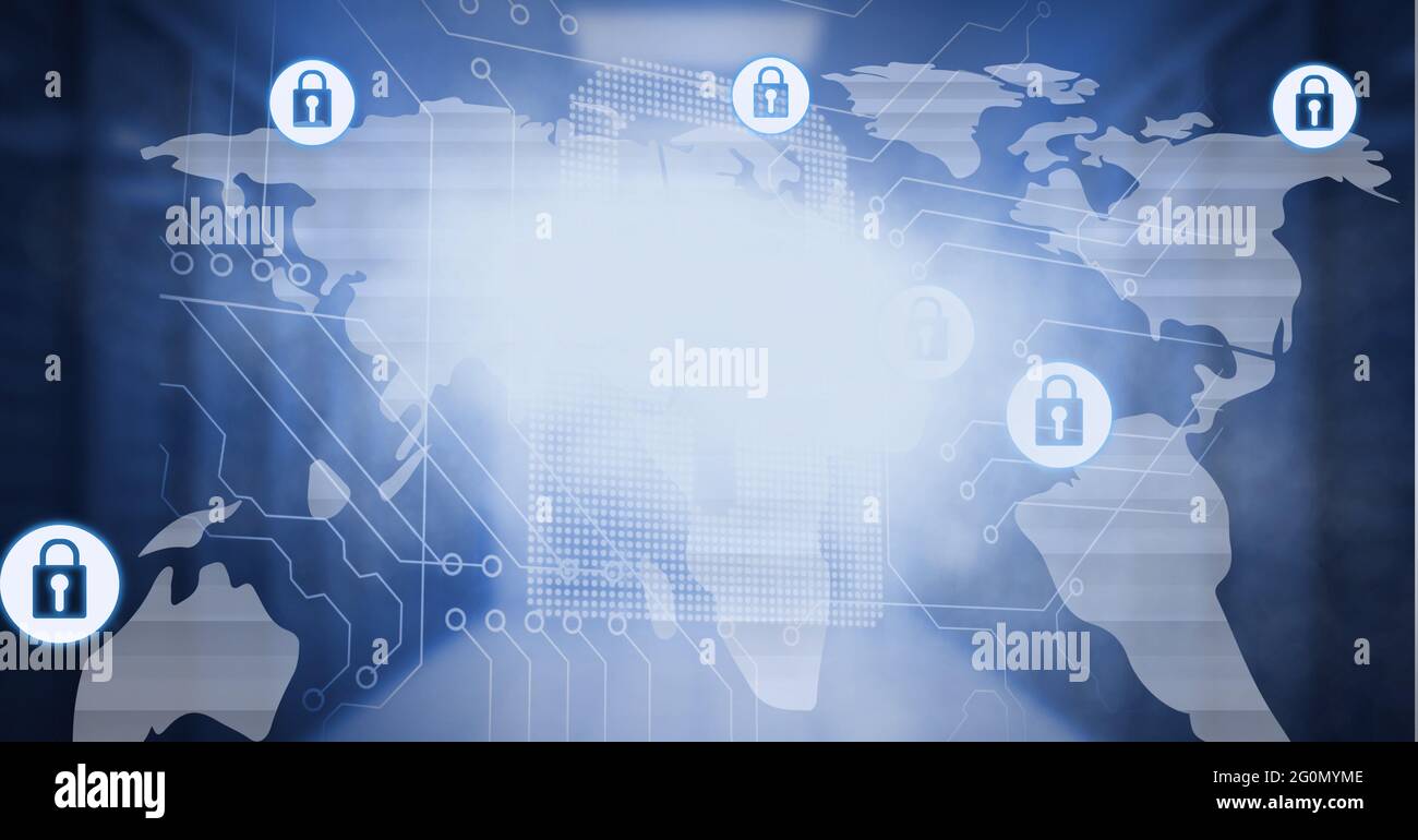 Composition of online security padlock icons over computer circuit board and world map Stock ...
