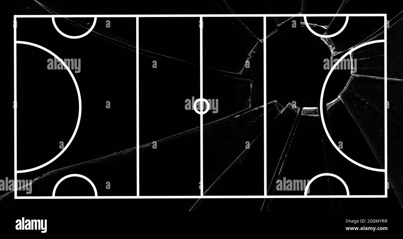 Composition of white and black basketball court grid overhead view over ...