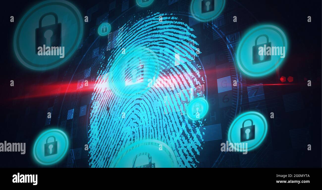Composition of biometric fingerprint with online security padlock icons ...