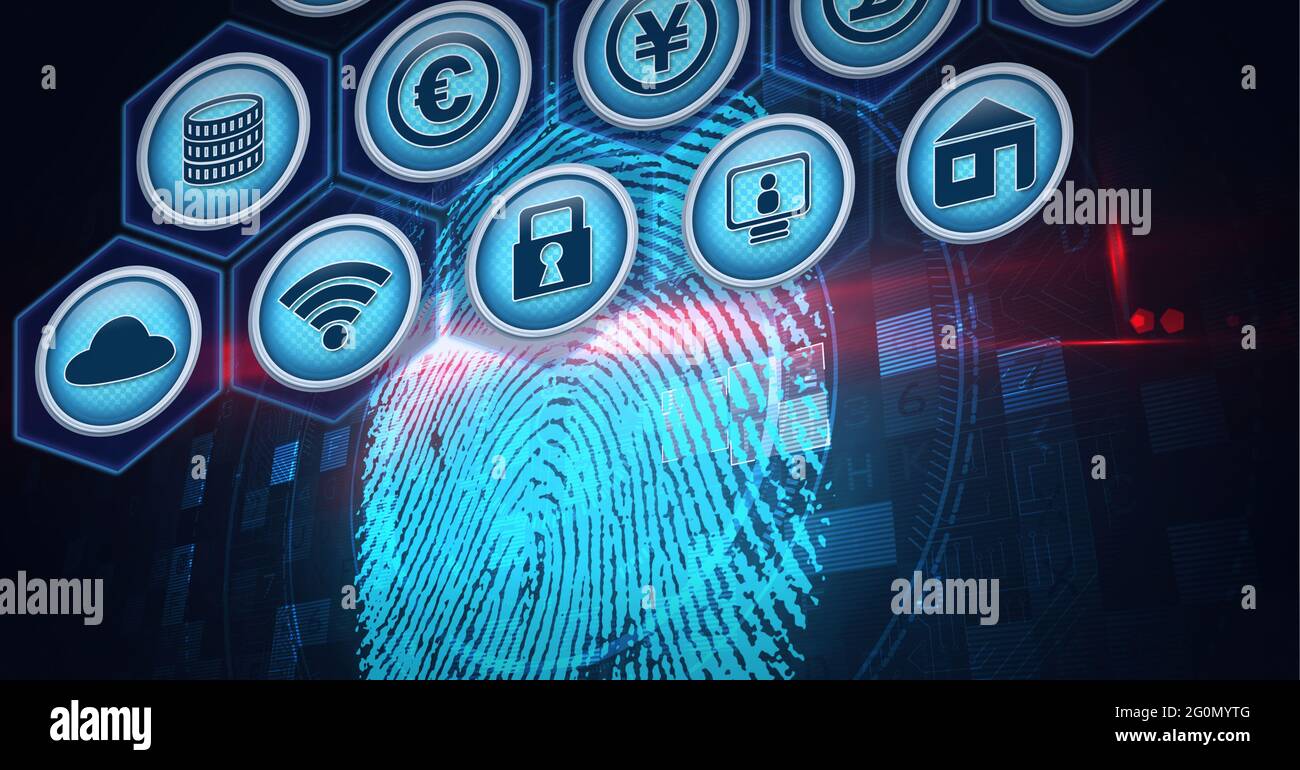 Composition of biometric fingerprint with online icons Stock Photo - Alamy