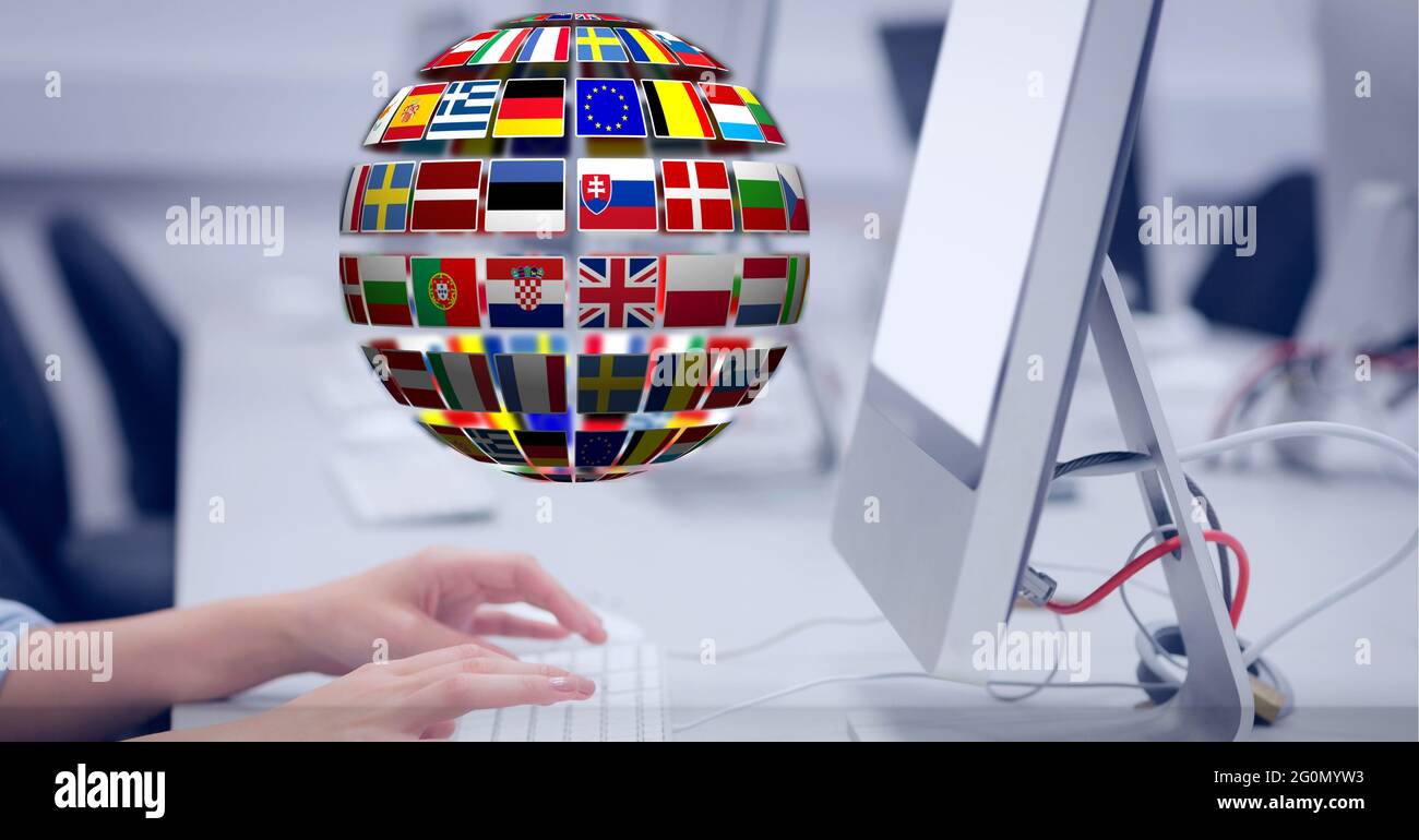 Composition of globe of world flags over midsection of woman using ...