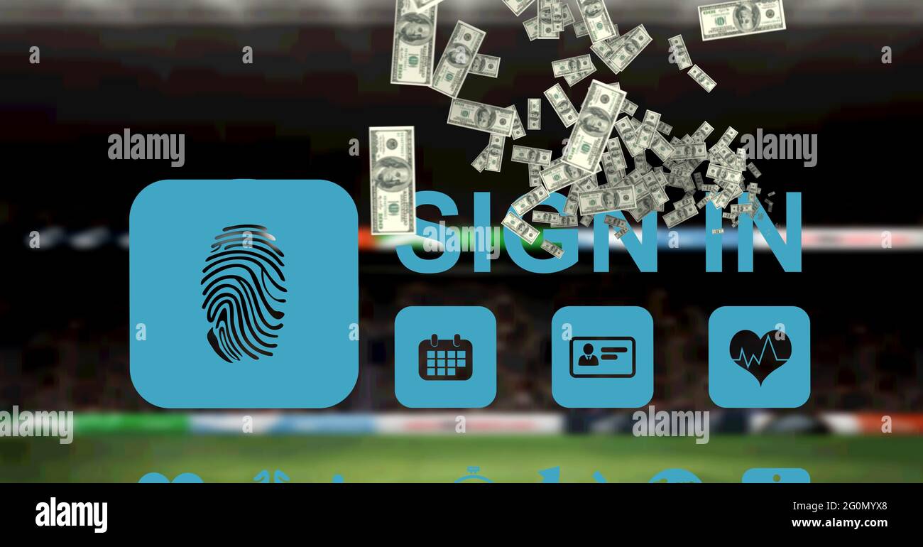 Composition of american dollar bills falling over biometric fingerprint ...