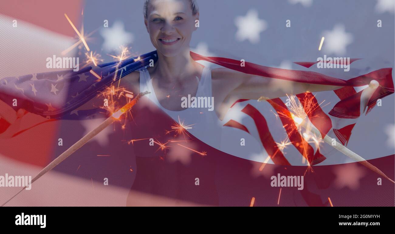 Composition of smiling caucasian woman holding american flag with ...
