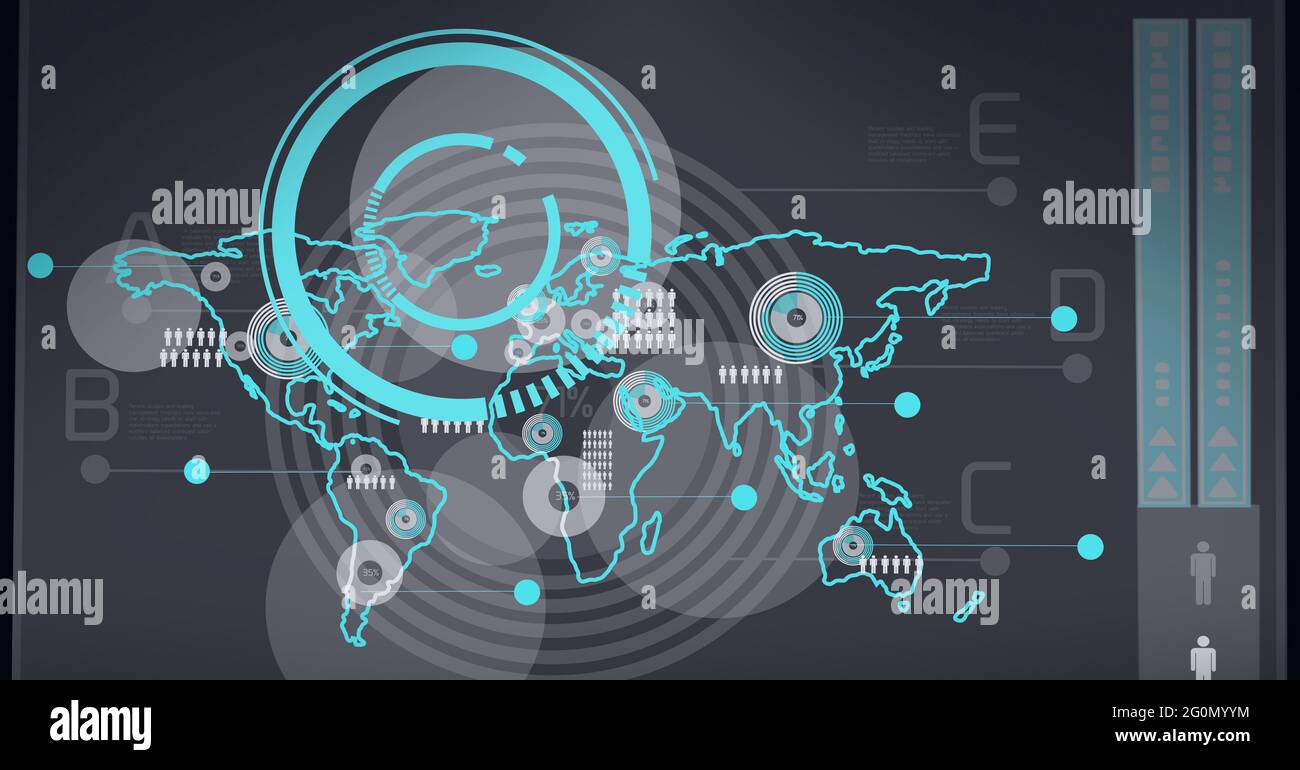 Composition of scope scanning and data processing over world map Stock ...