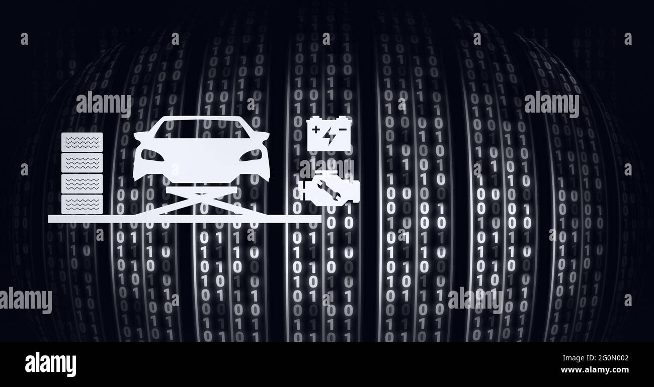 Composition of car icons and binary coding data processing Stock Photo ...