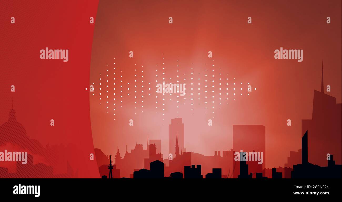 Composition of sound frequency dot level meter over red and black ...
