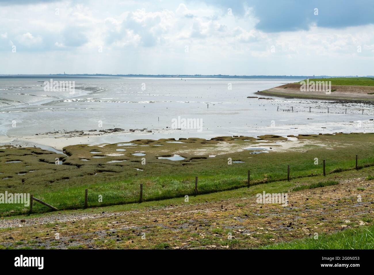 Panoramic view on sea coast in province of Zeeland, during low tide ...