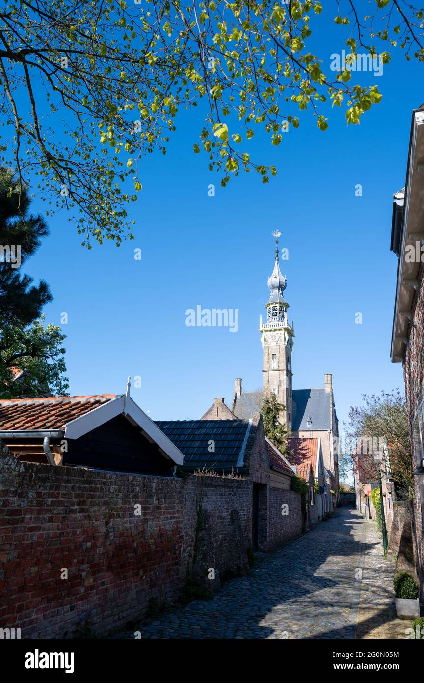 City view on old medieval houses in small historical town Veere in ...