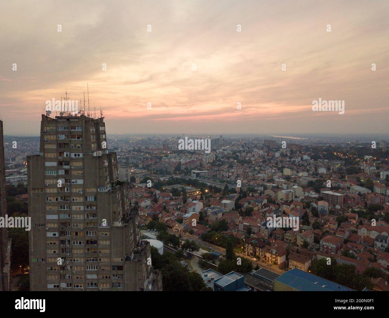 Aerial view of iconic East Gate skyscrapers in Belgrade with sunset in ...