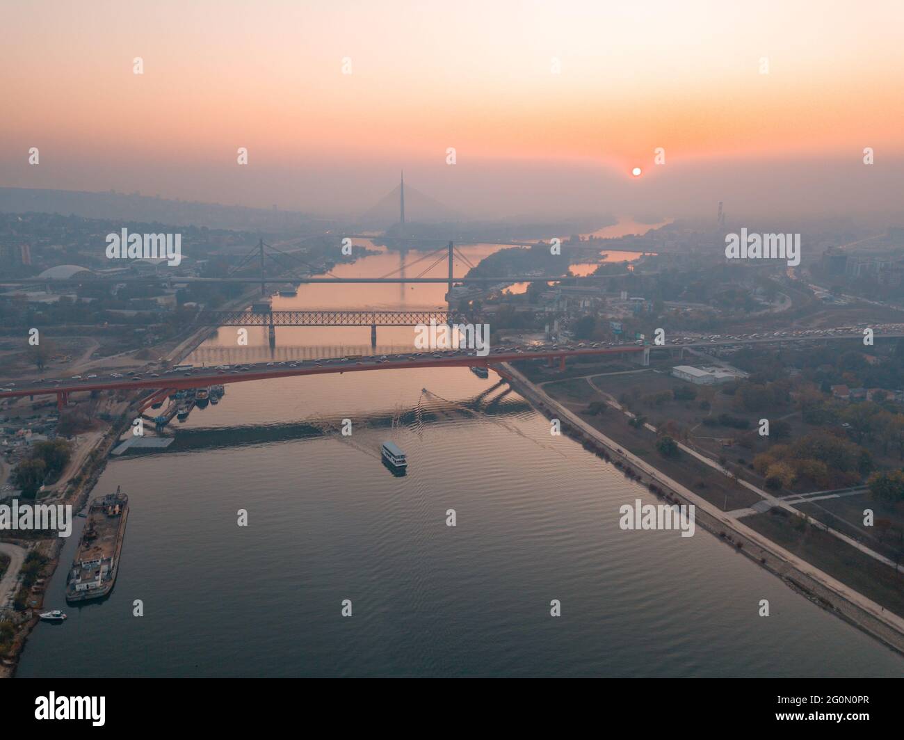 Aerial view of Sava river, bridges and thick smog over Belgrade Stock ...