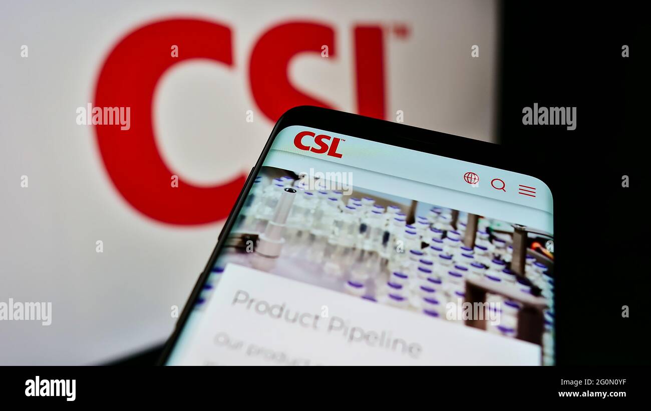 Smartphone with web page of Australian pharmaceuticals company CSL ...
