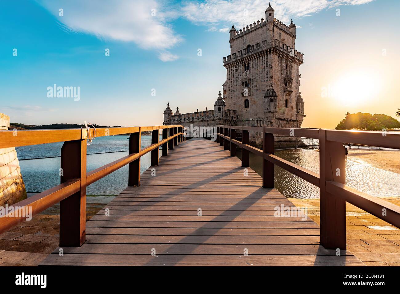 Small bridge leading to tower of Belem in Lisbon, Portugal Stock Photo ...