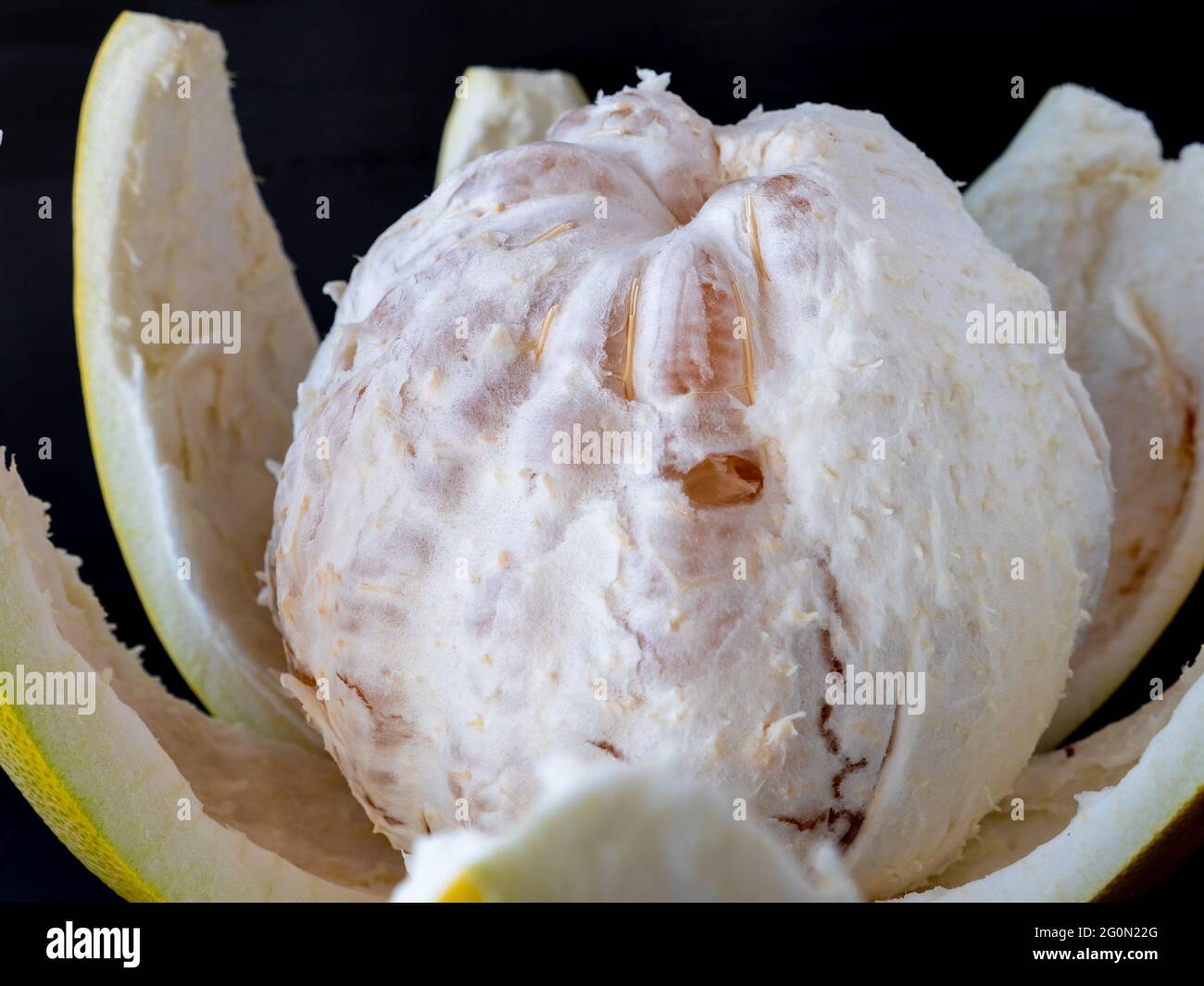 Large yellow peeled pomelo fruit (Citrus grandis) on black background ...