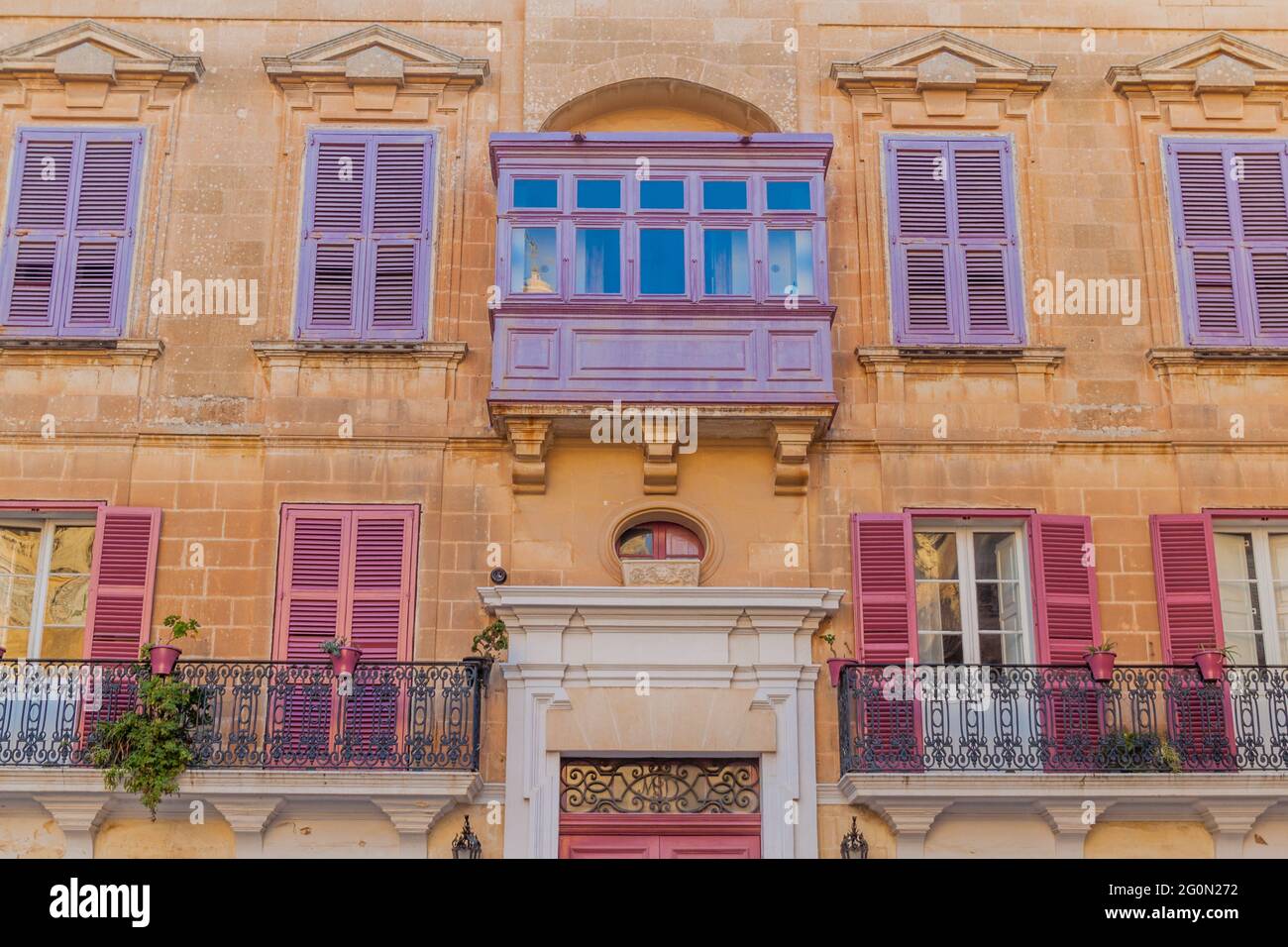 Typical Maltese balconies in the fortified city Mdina in the Northern ...