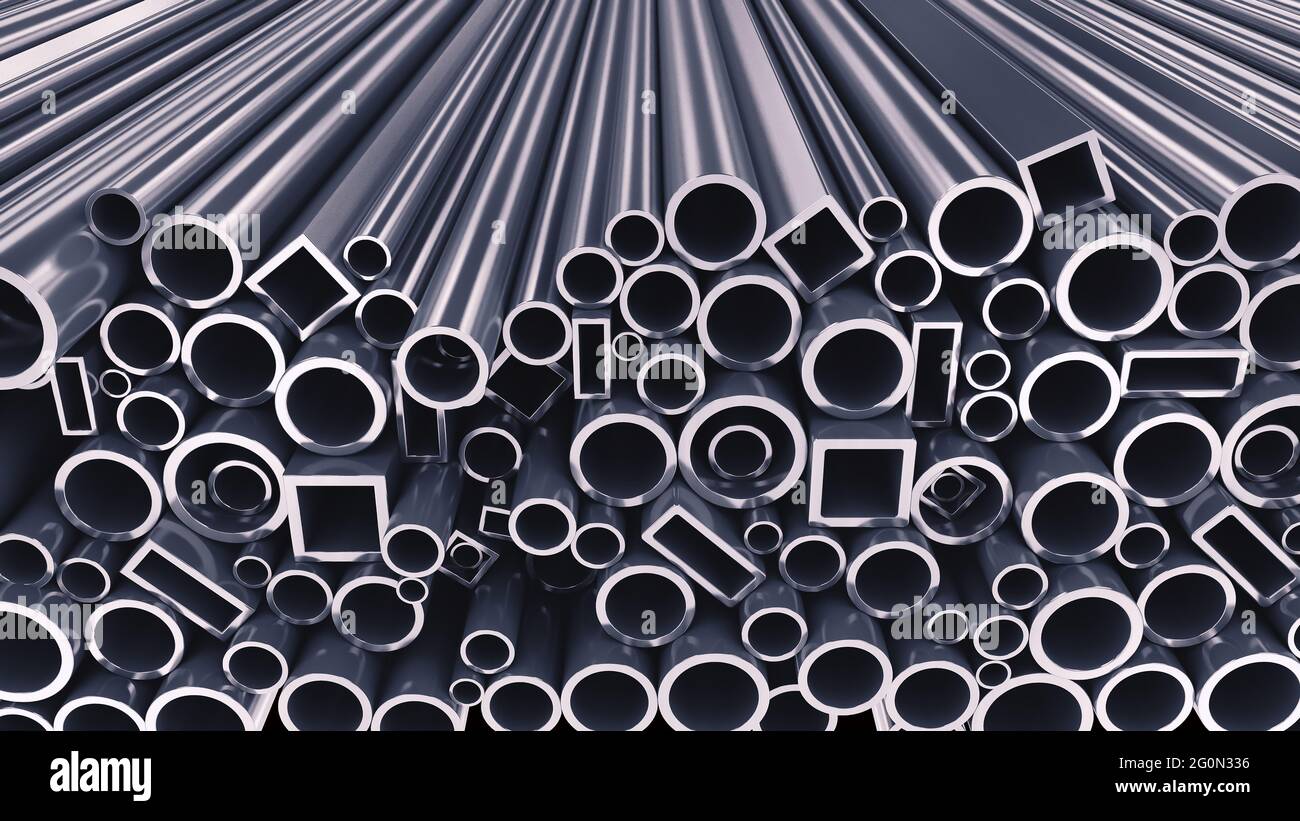 Stack of silver steel pipes on gray background. Metallurgical industry ...