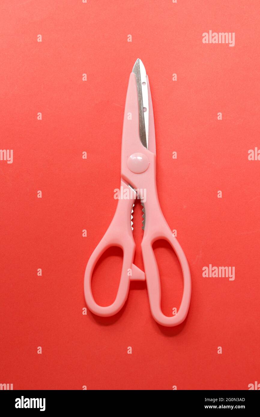 Pink scissors isolated on red background Stock Photo - Alamy