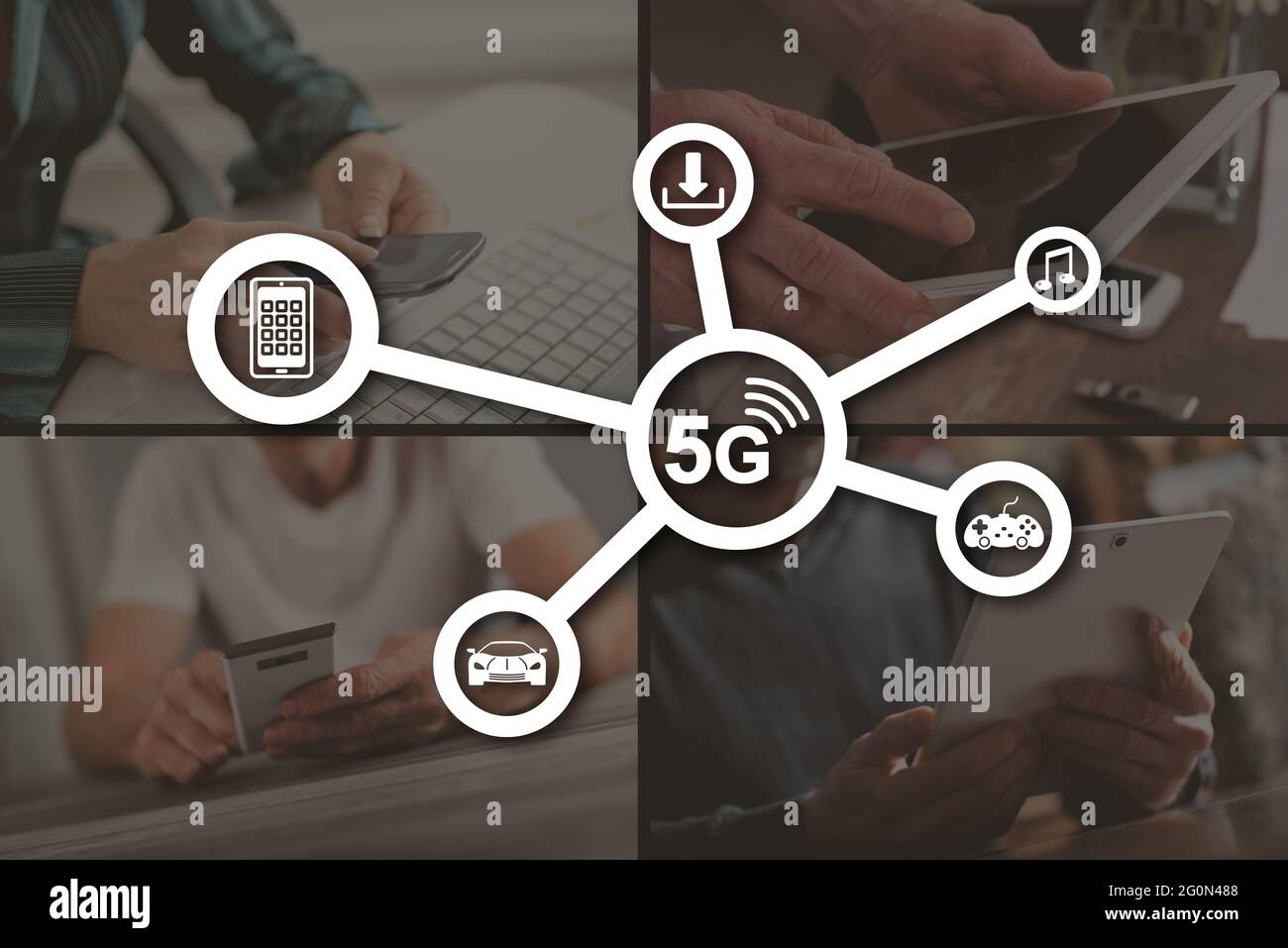 5g concept illustrated by pictures on background Stock Photo - Alamy