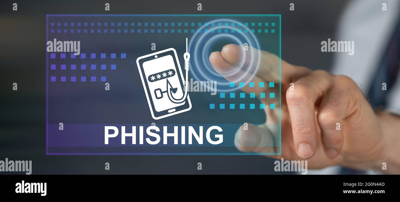 Man touching a phishing concept on a touch screen with his finger Stock ...