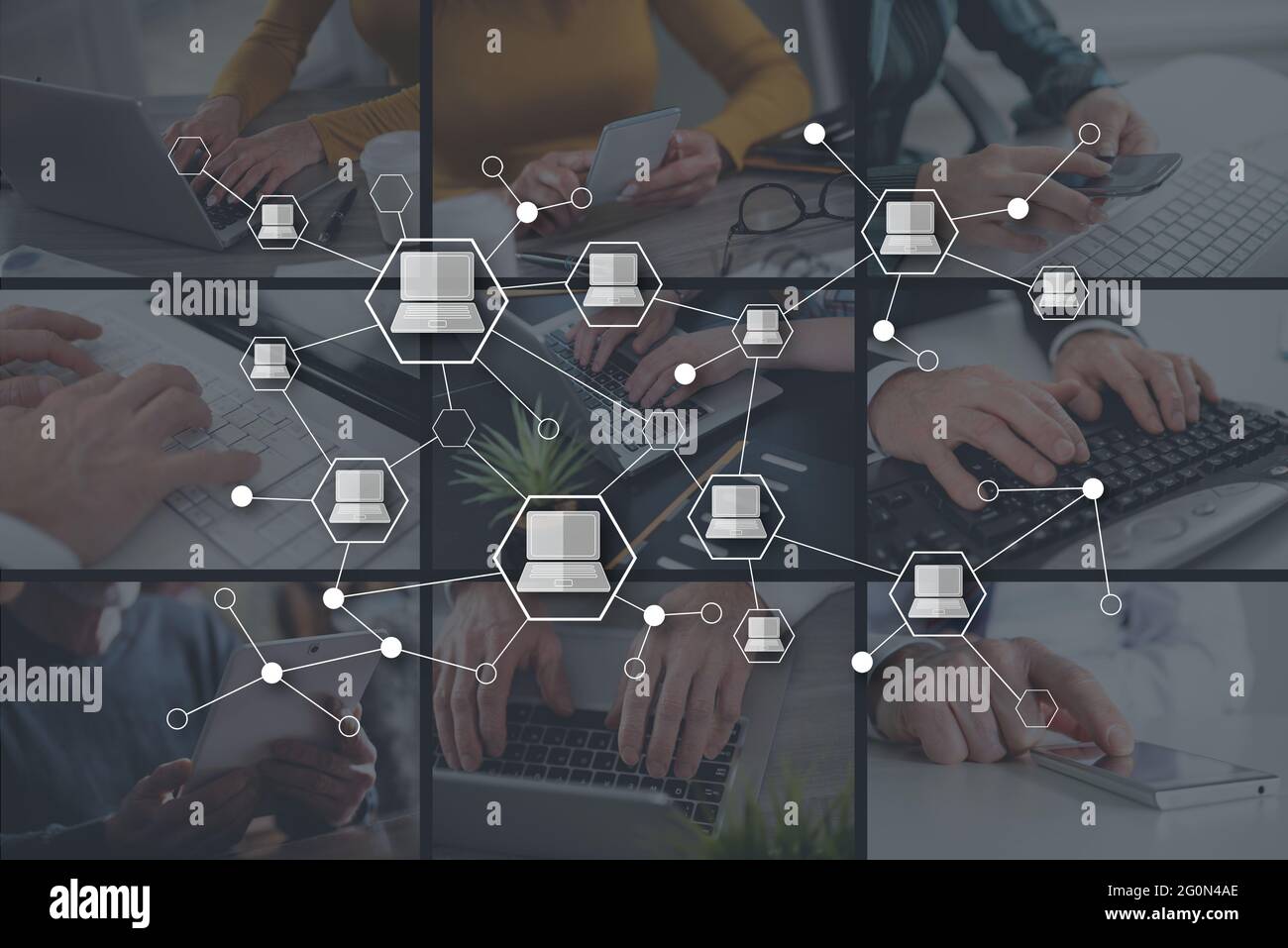 Devices connection concept illustrated by pictures on background Stock ...