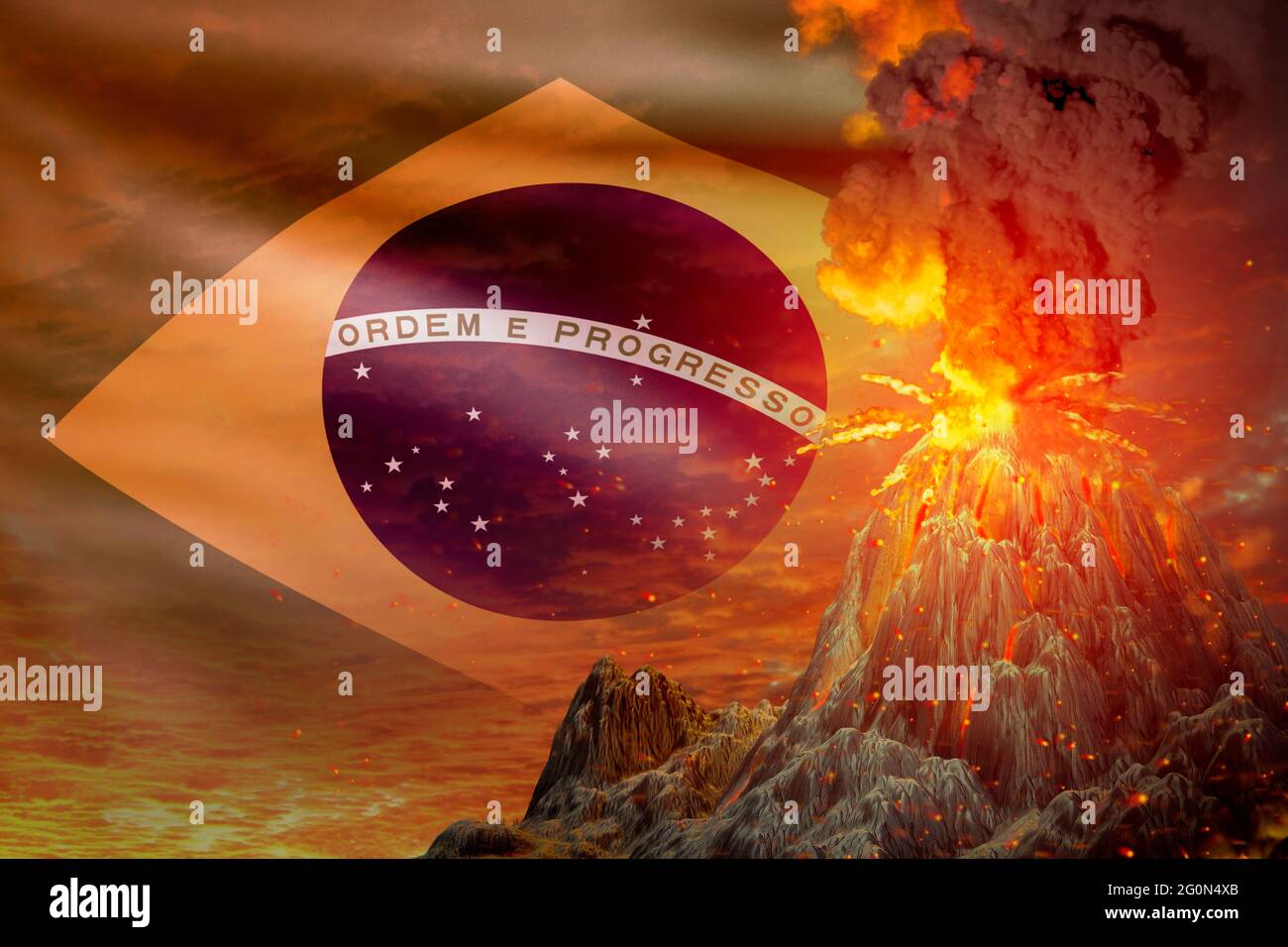 stratovolcano eruption at night with explosion on Brazil flag ...