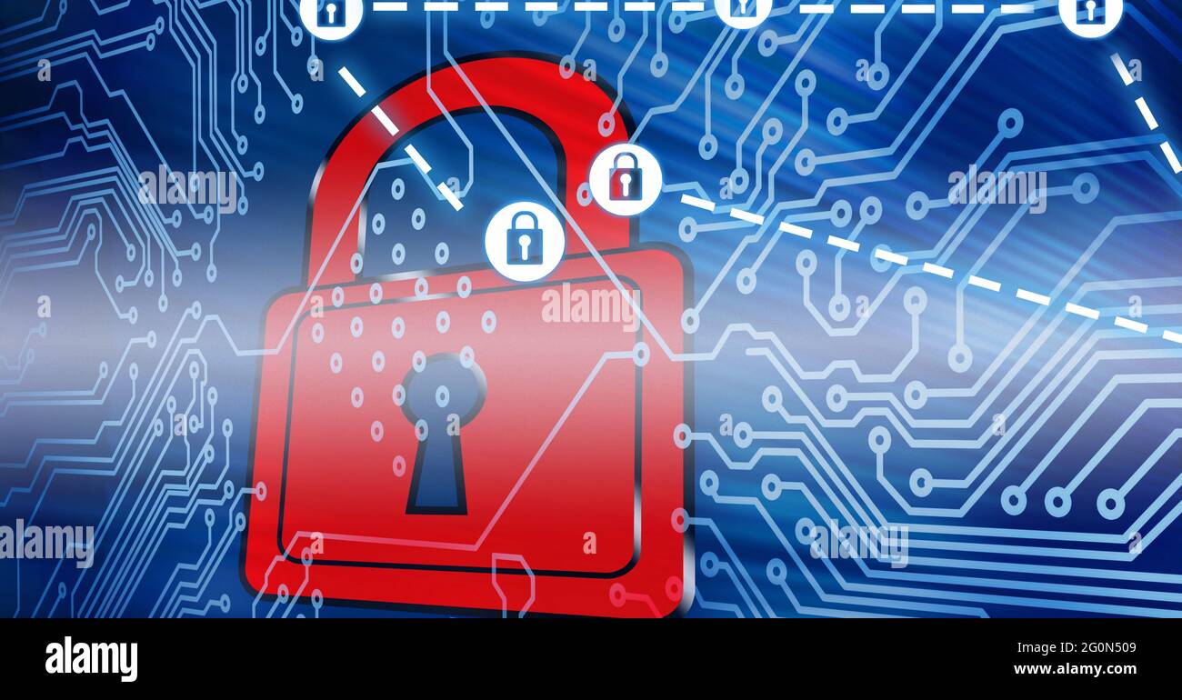 Composition of online security padlock icons over computer circuit ...