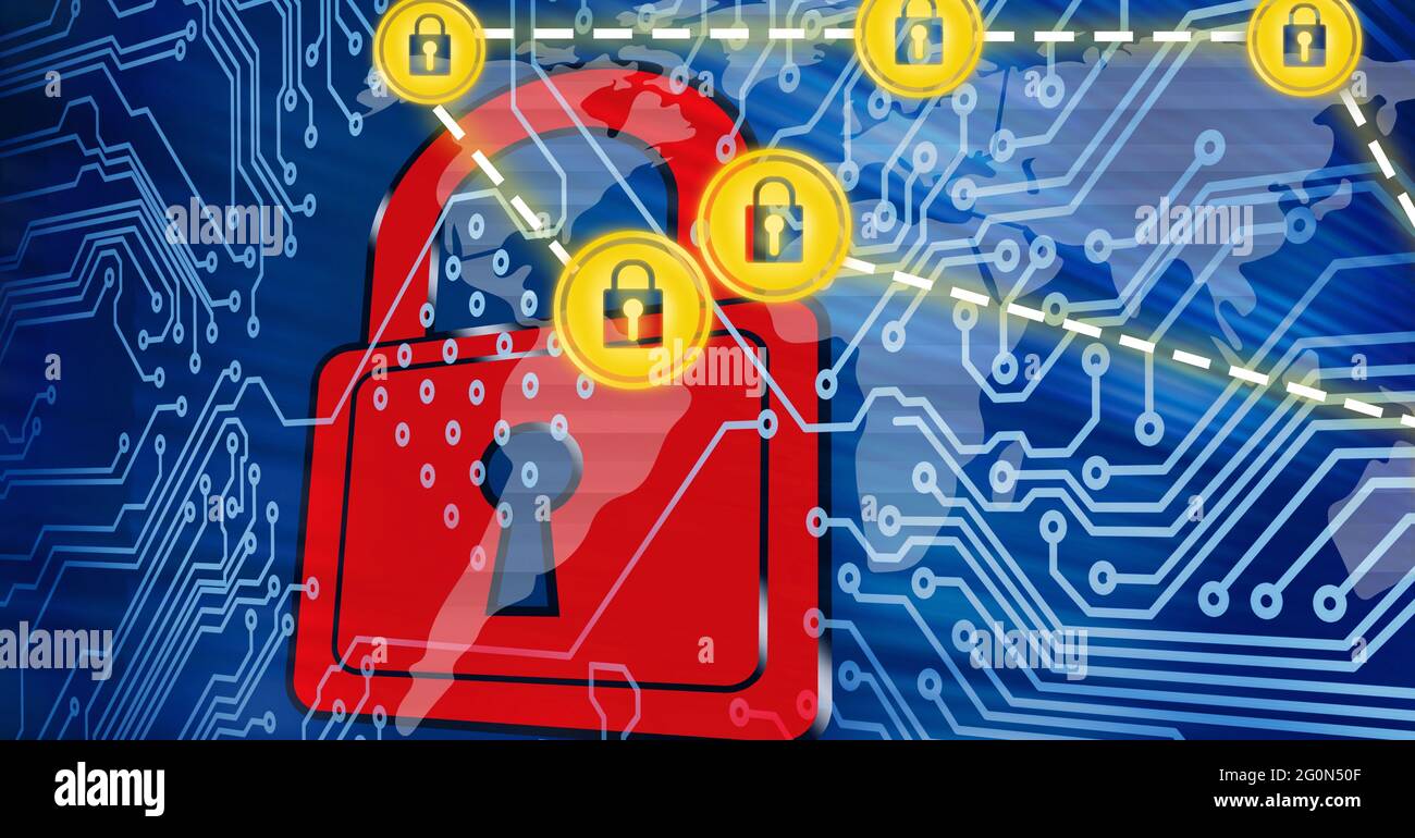 Composition Of Online Security Padlock Icons Over Computer Circuit