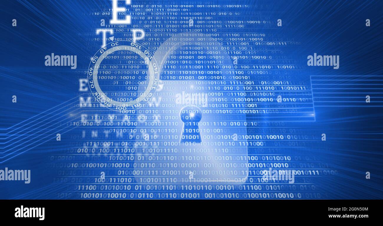 Composition of online security padlock icon, eye test letters, scopes ...