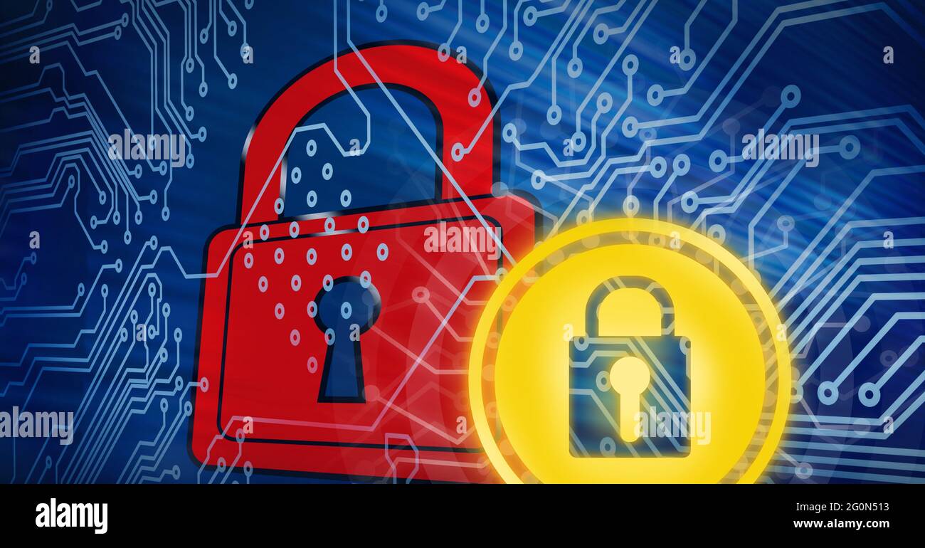 Composition Of Online Security Padlock Icons Over Computer Circuit