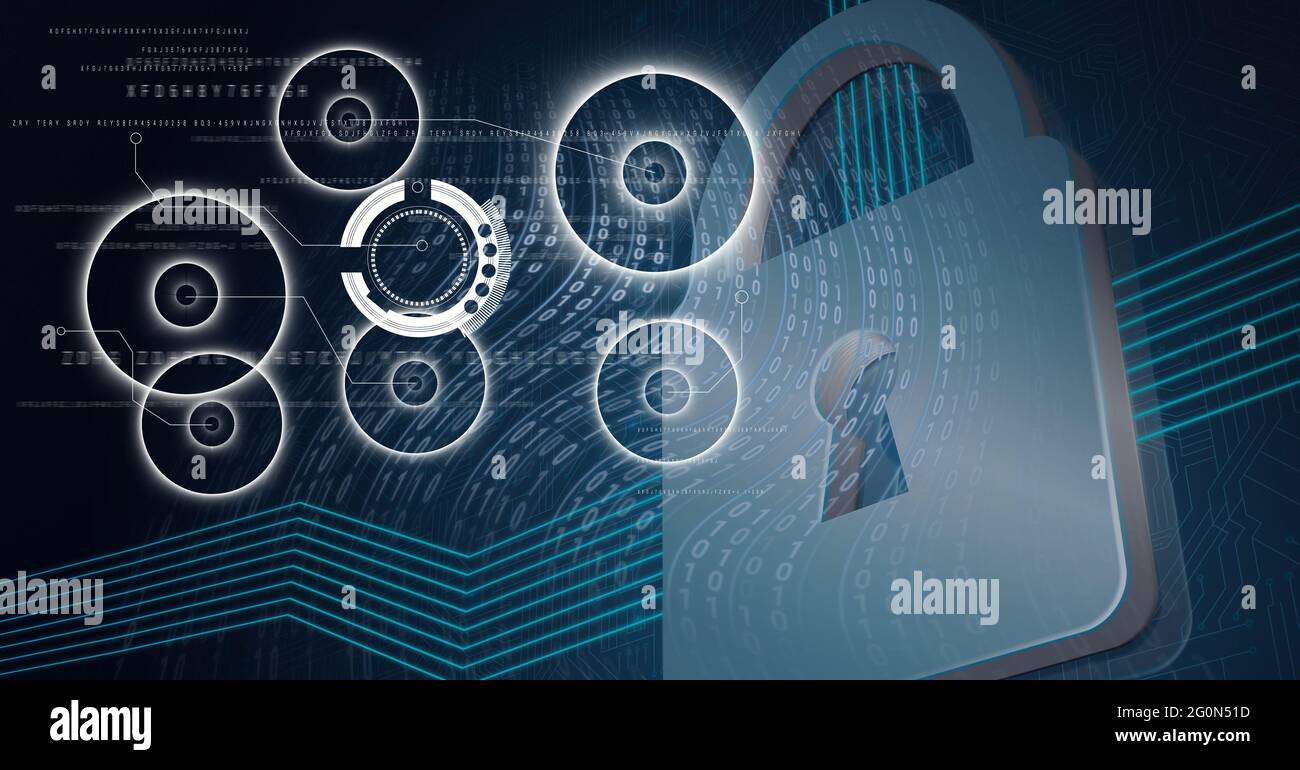 Composition of online security padlock icon, scopes and binary coding Stock Photo - Alamy