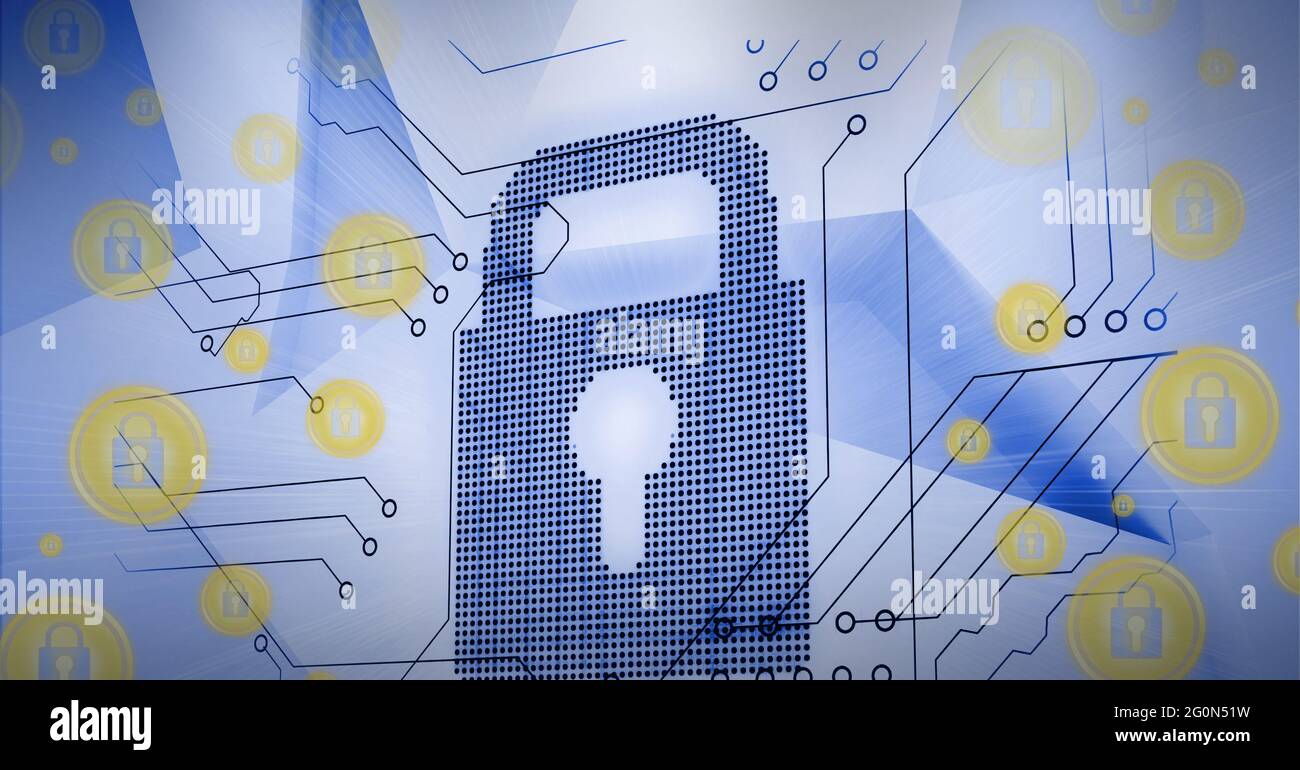 Composition of online security padlock icons over computer circuit board Stock Photo - Alamy