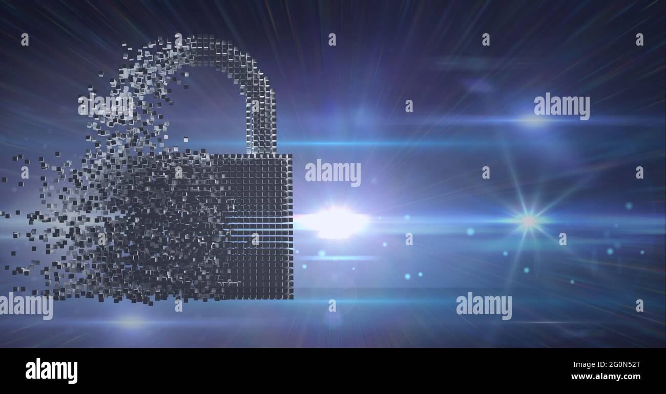 Composition of exploding online security padlock icon formed with grey ...
