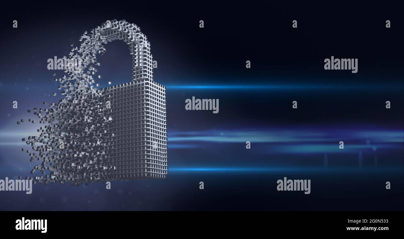 Composition of exploding online security padlock icon formed with grey ...