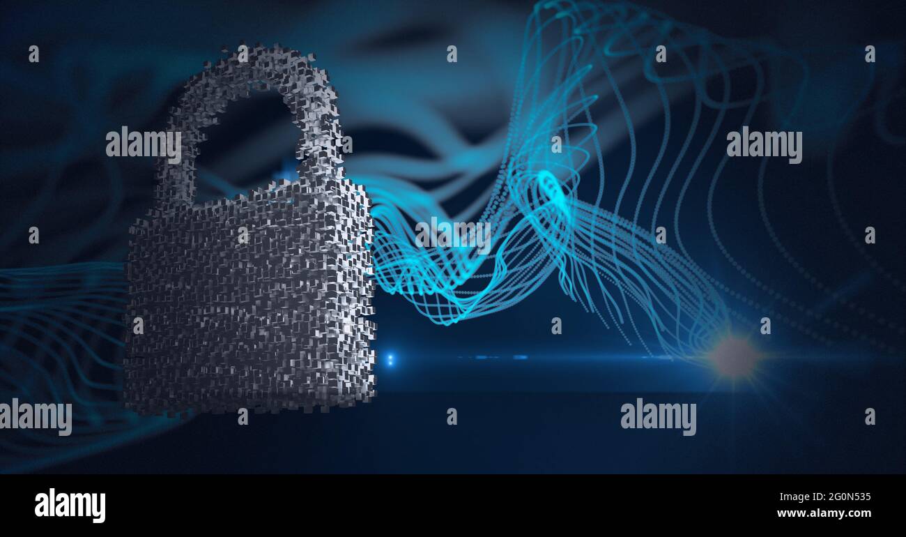 Composition of exploding online security padlock icon formed with grey ...