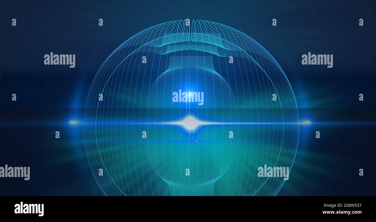 Composition of 3d holographic sphere of curved light with blue ...