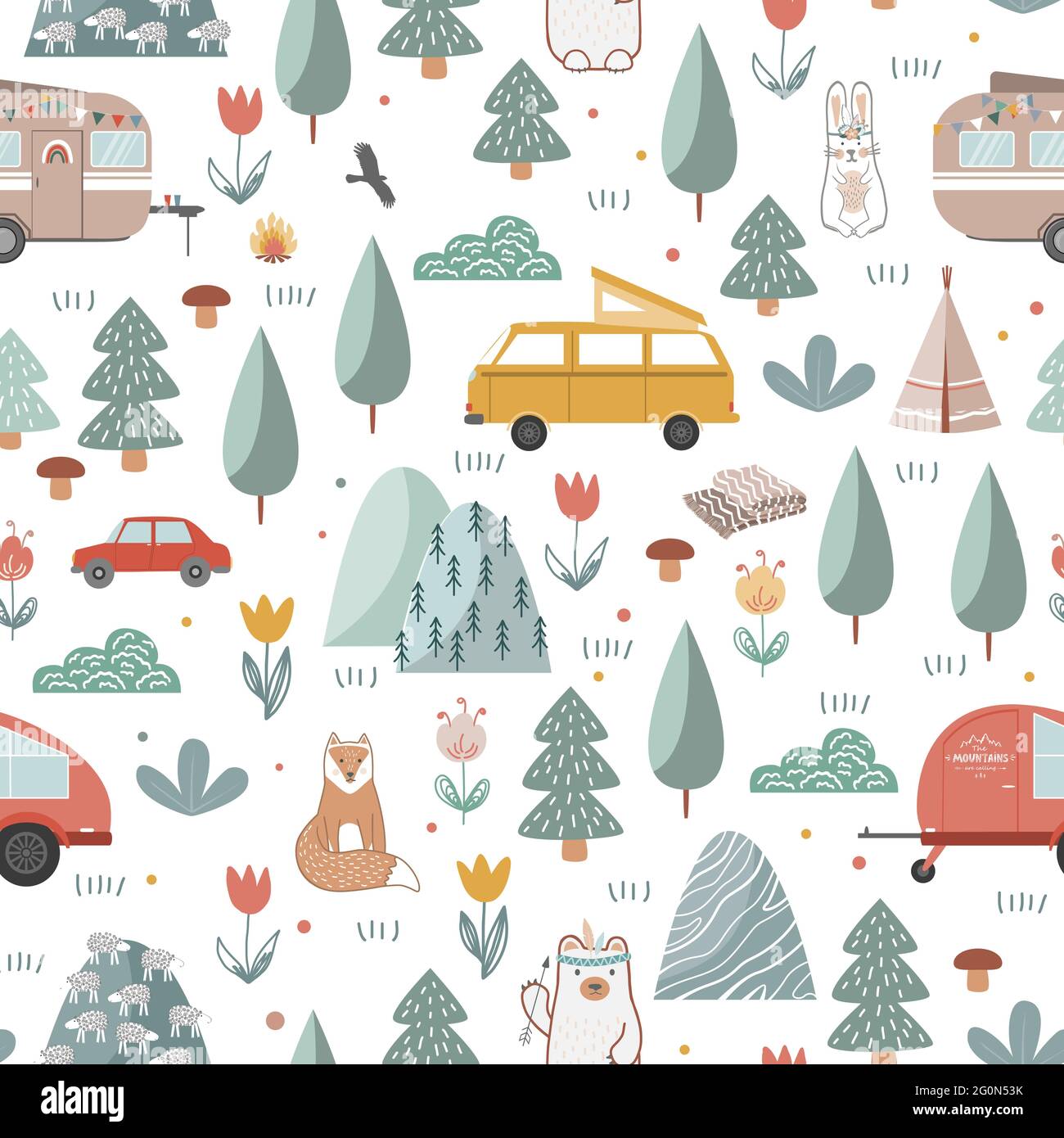 Hand drawn seamless pattern with summer camping equipment. Trailers ...