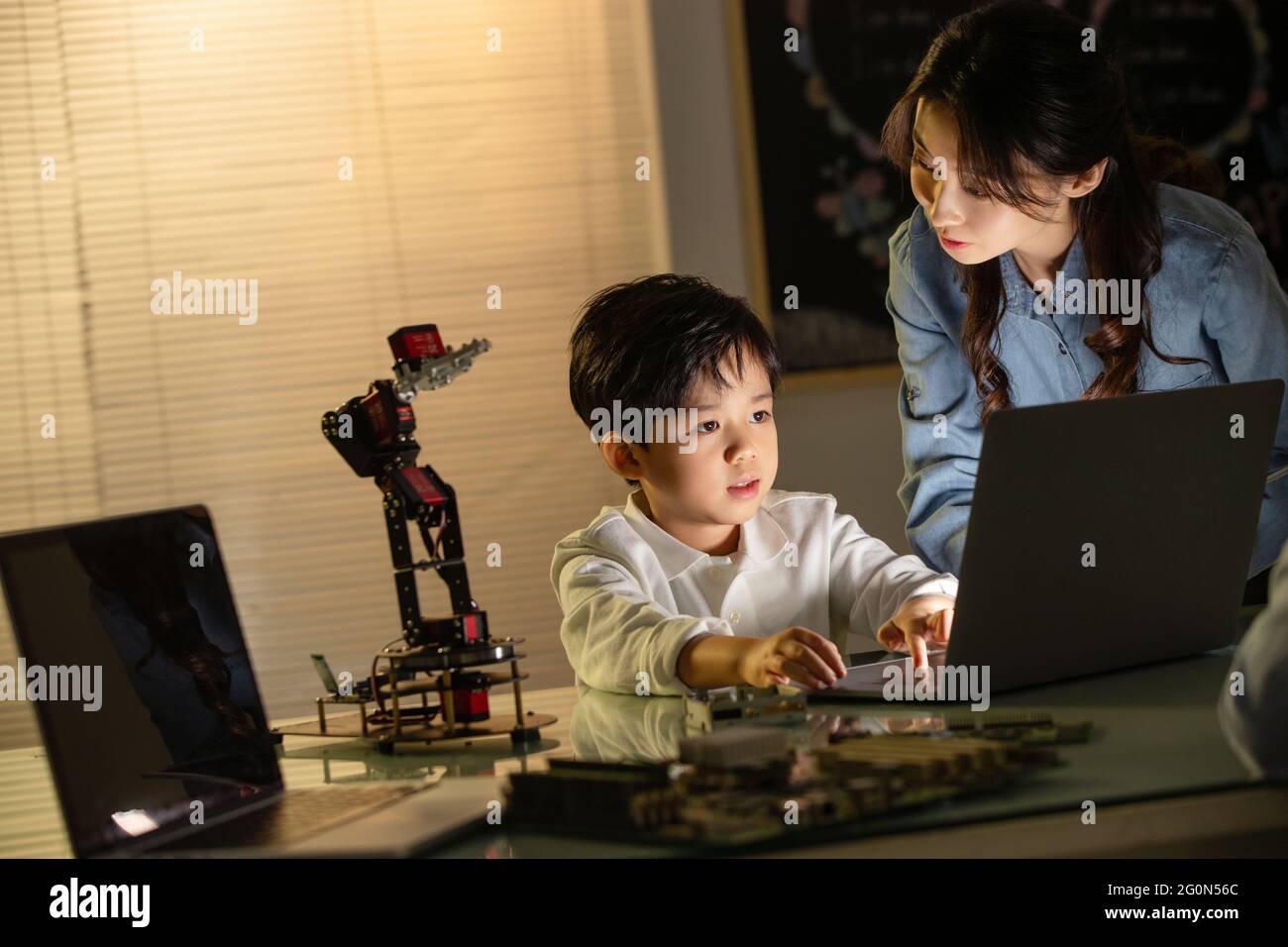 The teacher taught the pupils learning robot programming Stock Photo ...