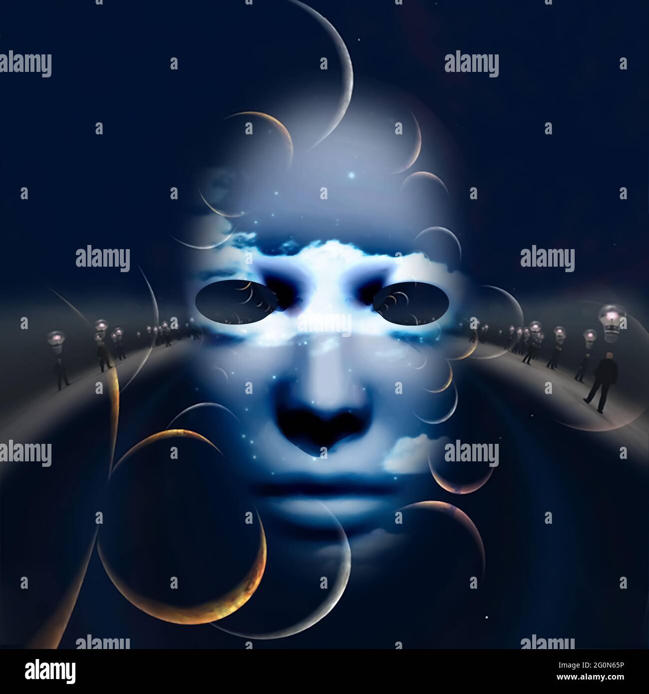 Mystic face and businessmen with ideas. 3D rendering Stock Photo - Alamy