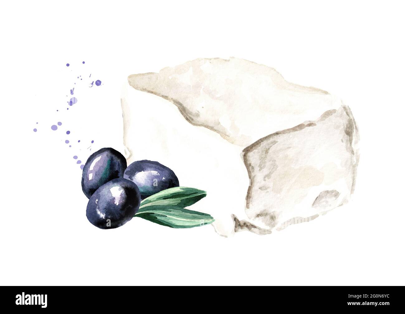 Greek feta cheese block with olives. Watercolor hand drawn illustration ...