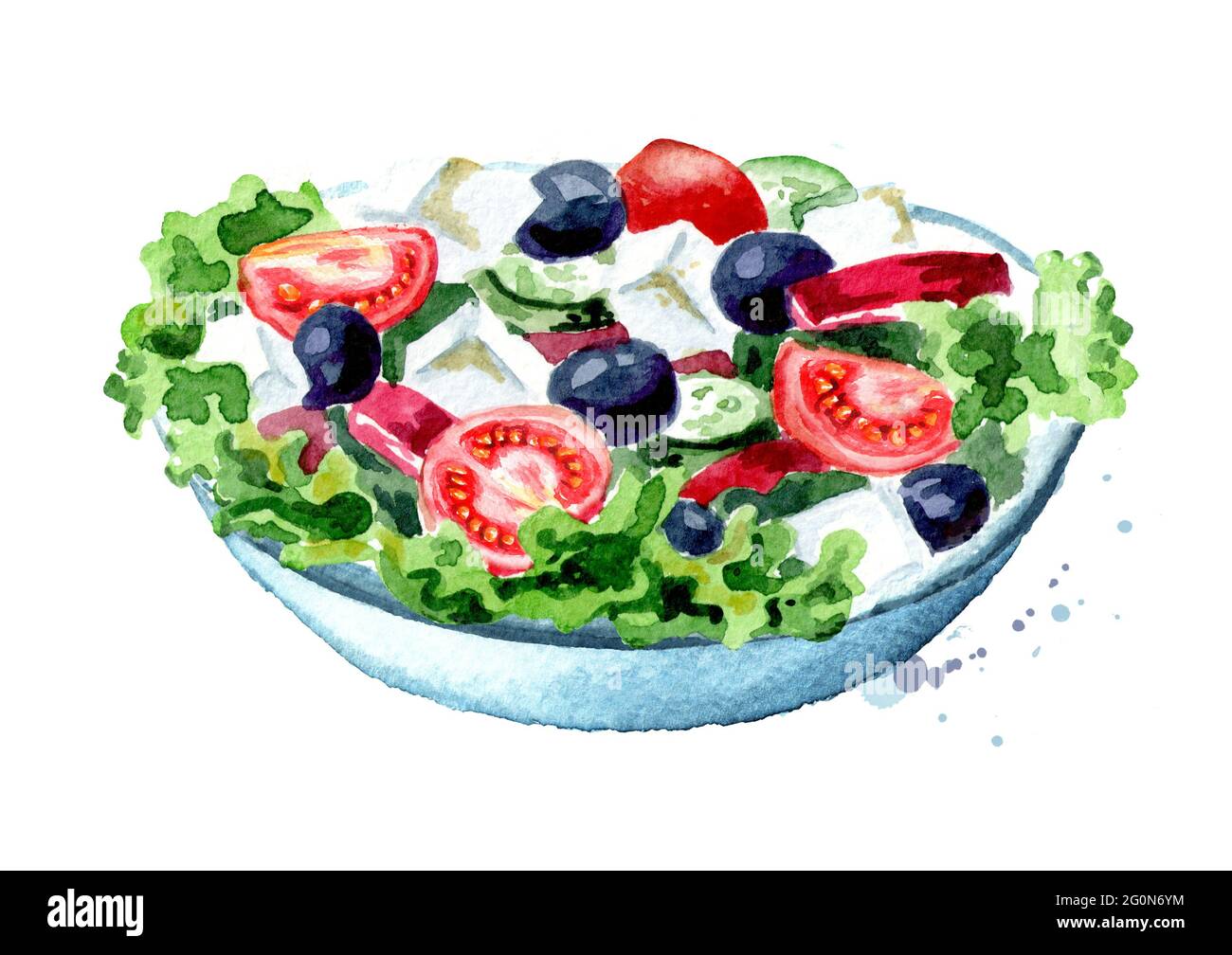 Greek salad with fresh vegetables and feta cheese. Watercolor hand ...
