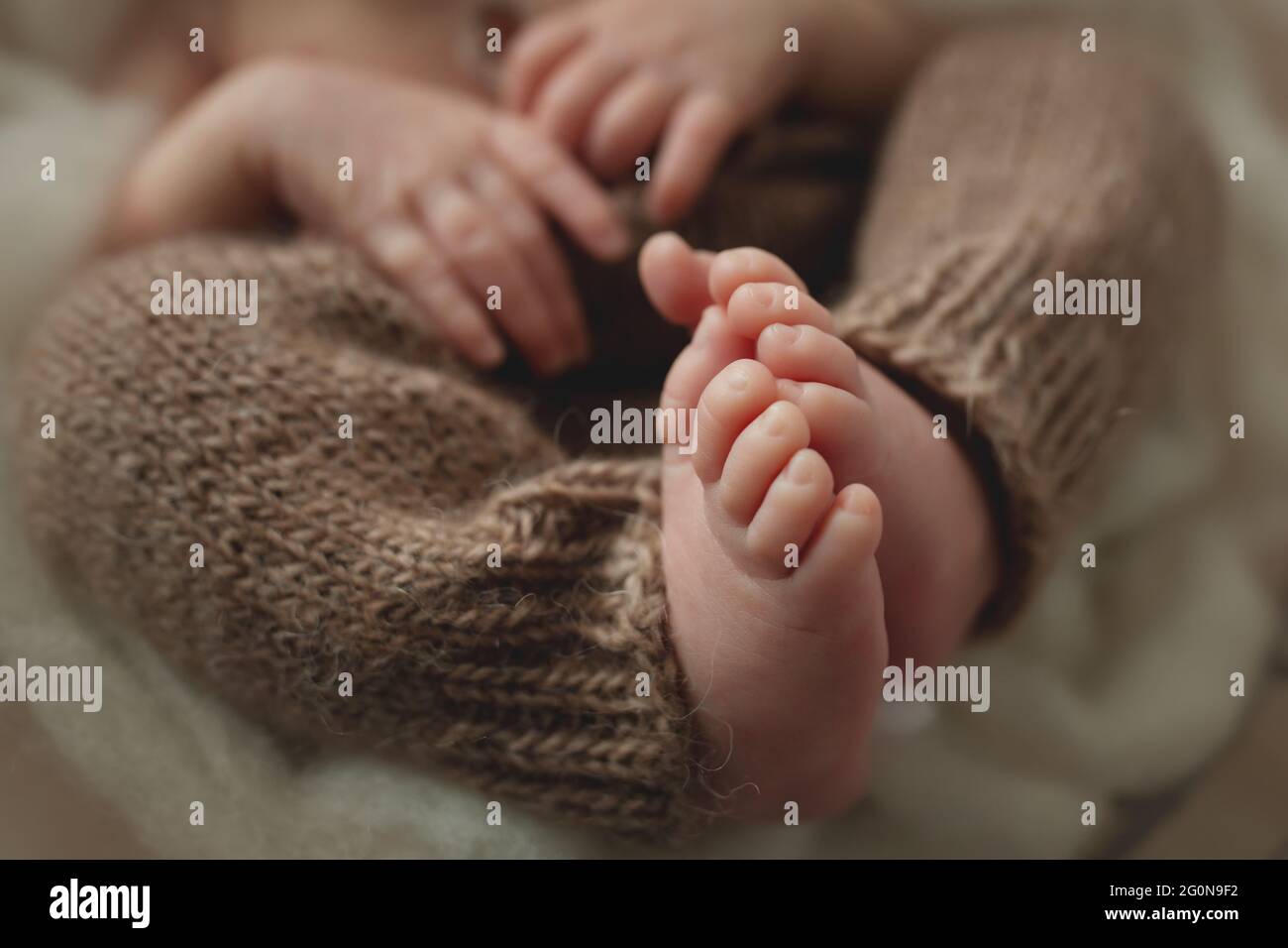 Baby feet. The tiny foot of a newborn in soft selective focus. Image of ...