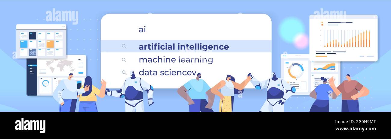 mix race people and robots choosing ai in search bar on virtual screen ...