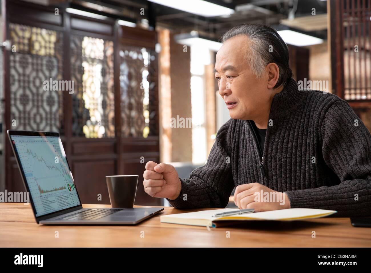 Old people use the computer to check the stock market Stock Photo - Alamy