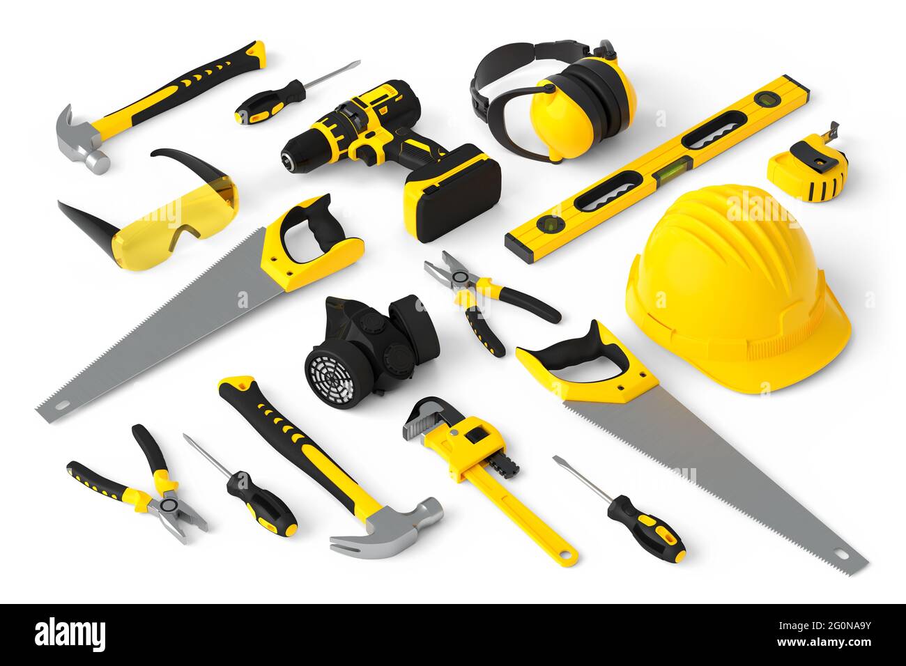 Isometric view of yellow construction tools for repair on white Stock ...