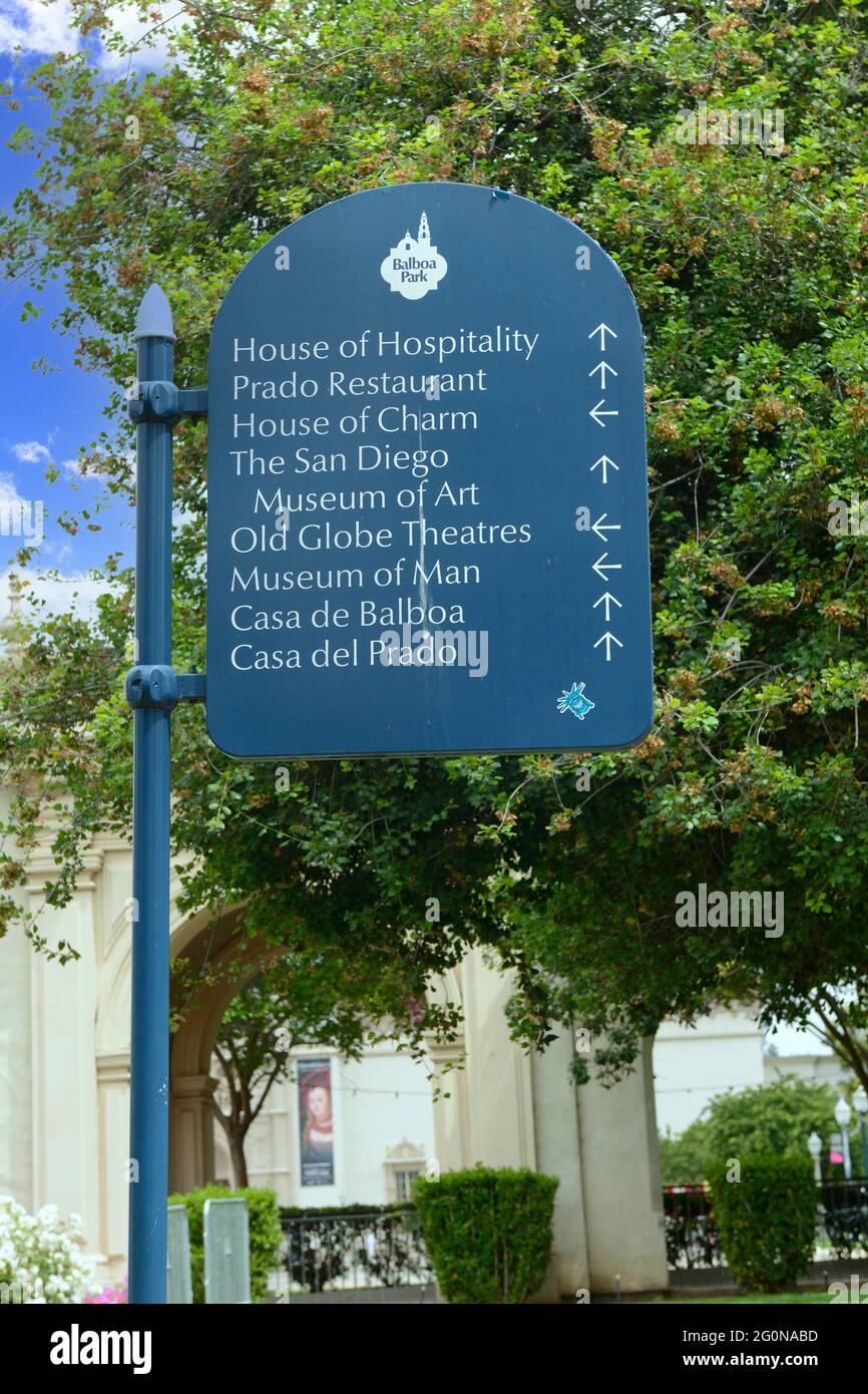 Directions sign with a menu of places to visit in Balboa Park, San ...