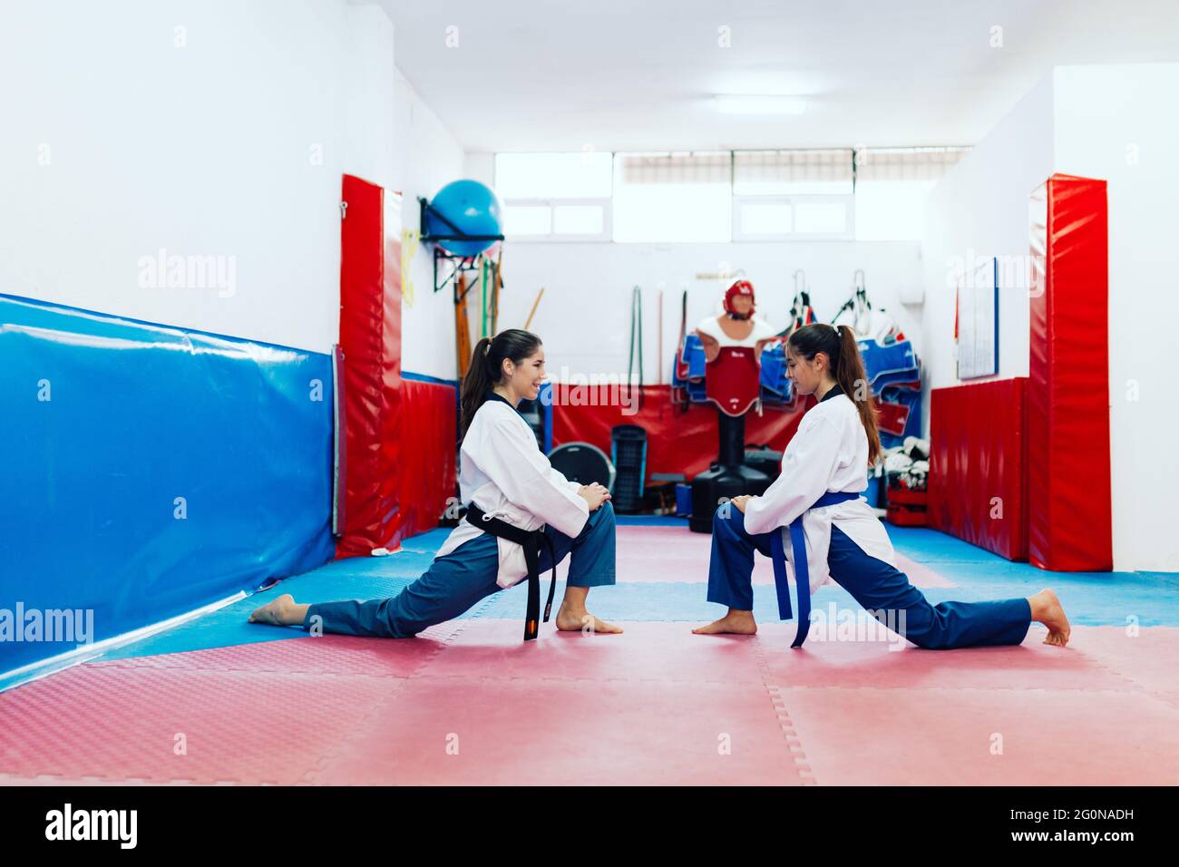 Young women Straddle stretch in a dojo wearing taekwondo dobok Stock ...