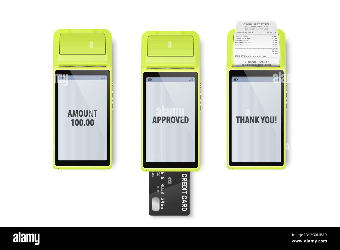 Vector 3d Realistic Payment Machine. POS Terminal, Paper Receipt, Credit Card Isolated. Approved ...