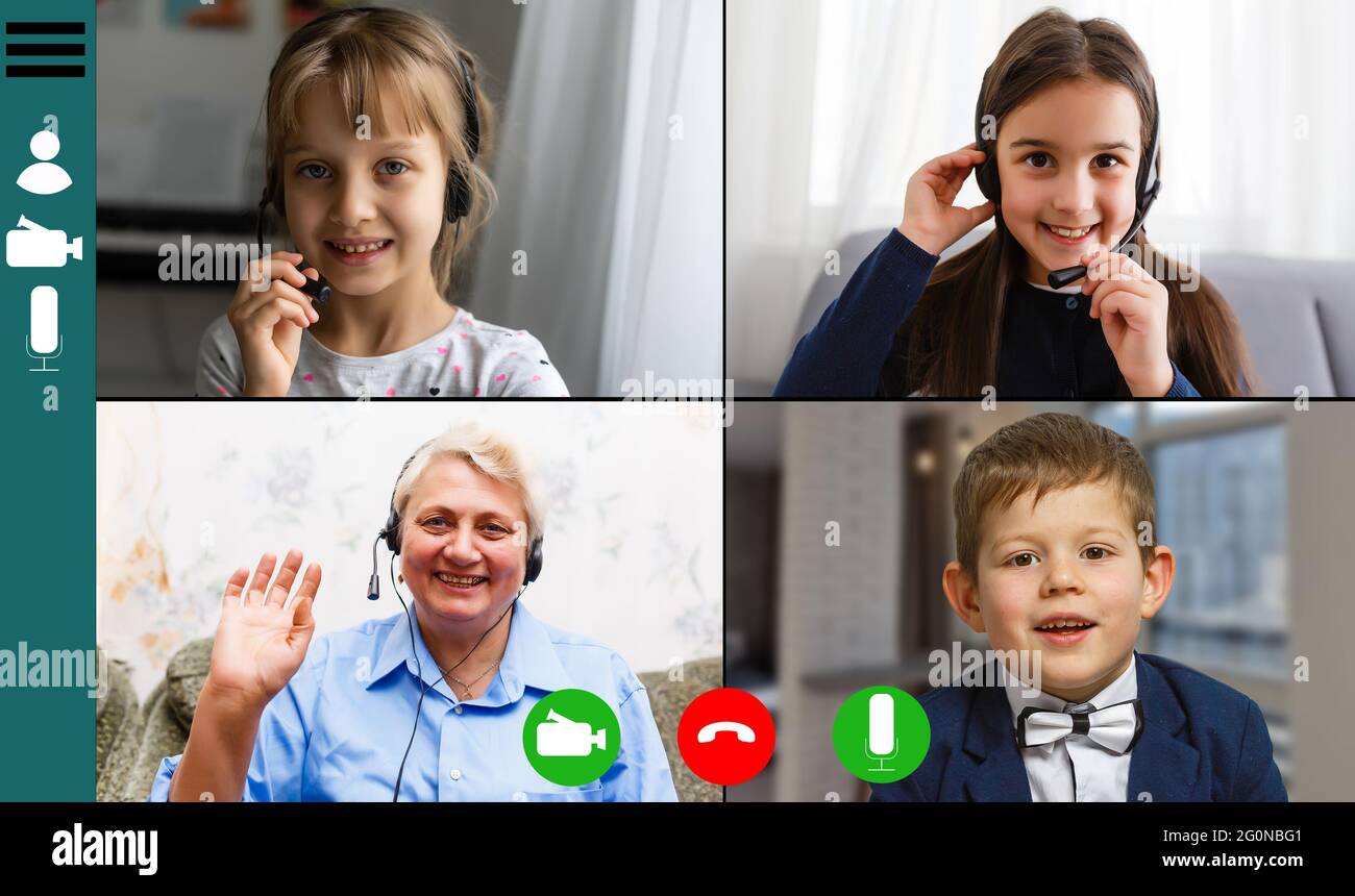 kids video conferencing with tutor on laptop at home. Distance ...