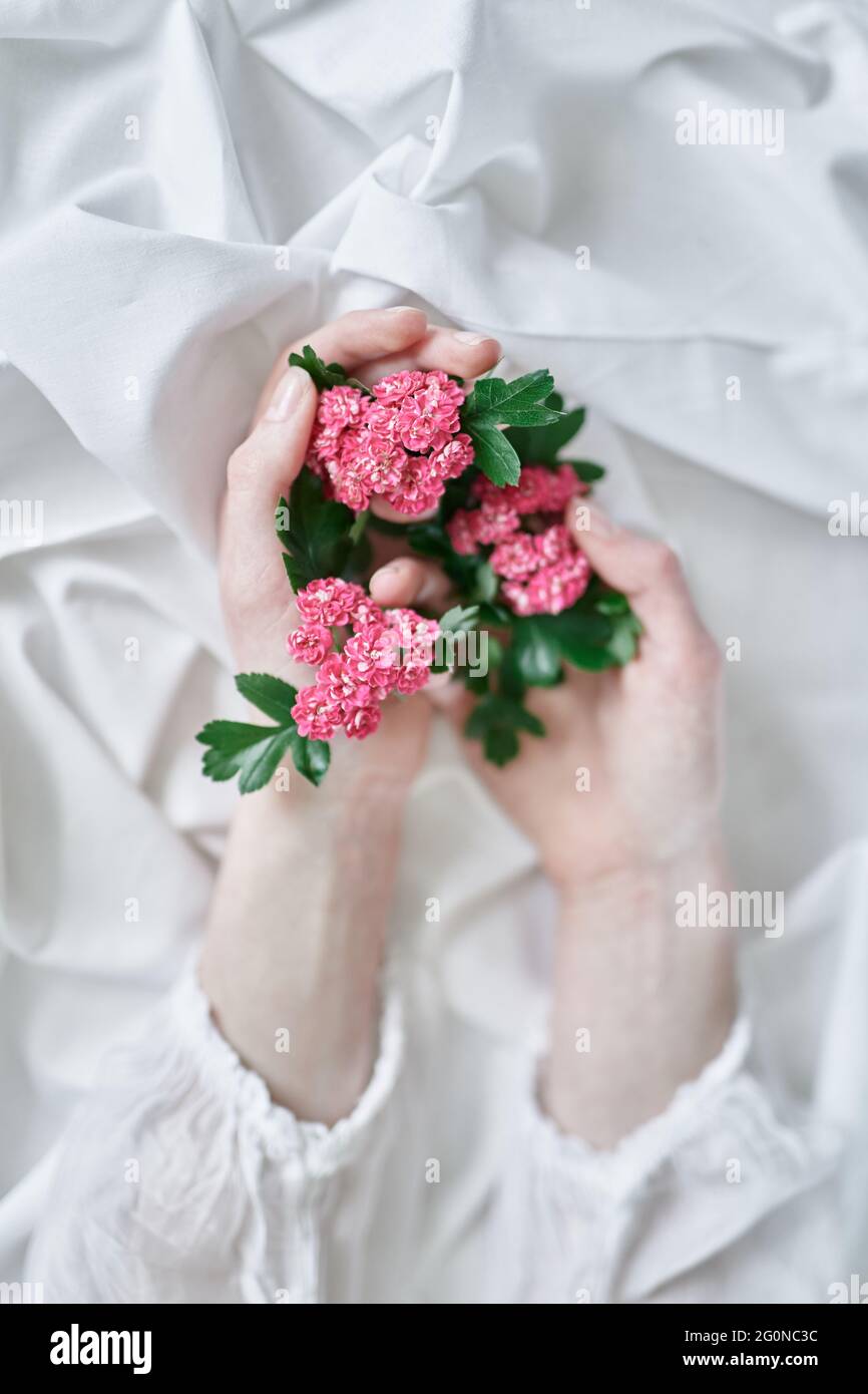 Creative floral greeting card. Spring aesthetics concept. Girls hands ...
