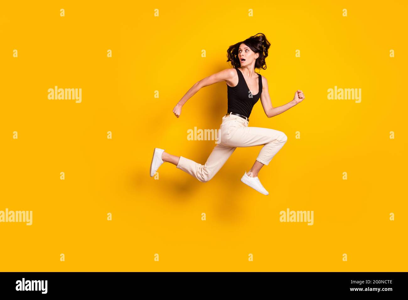 Full length body size side profile photo of crazy woman jumping running ...