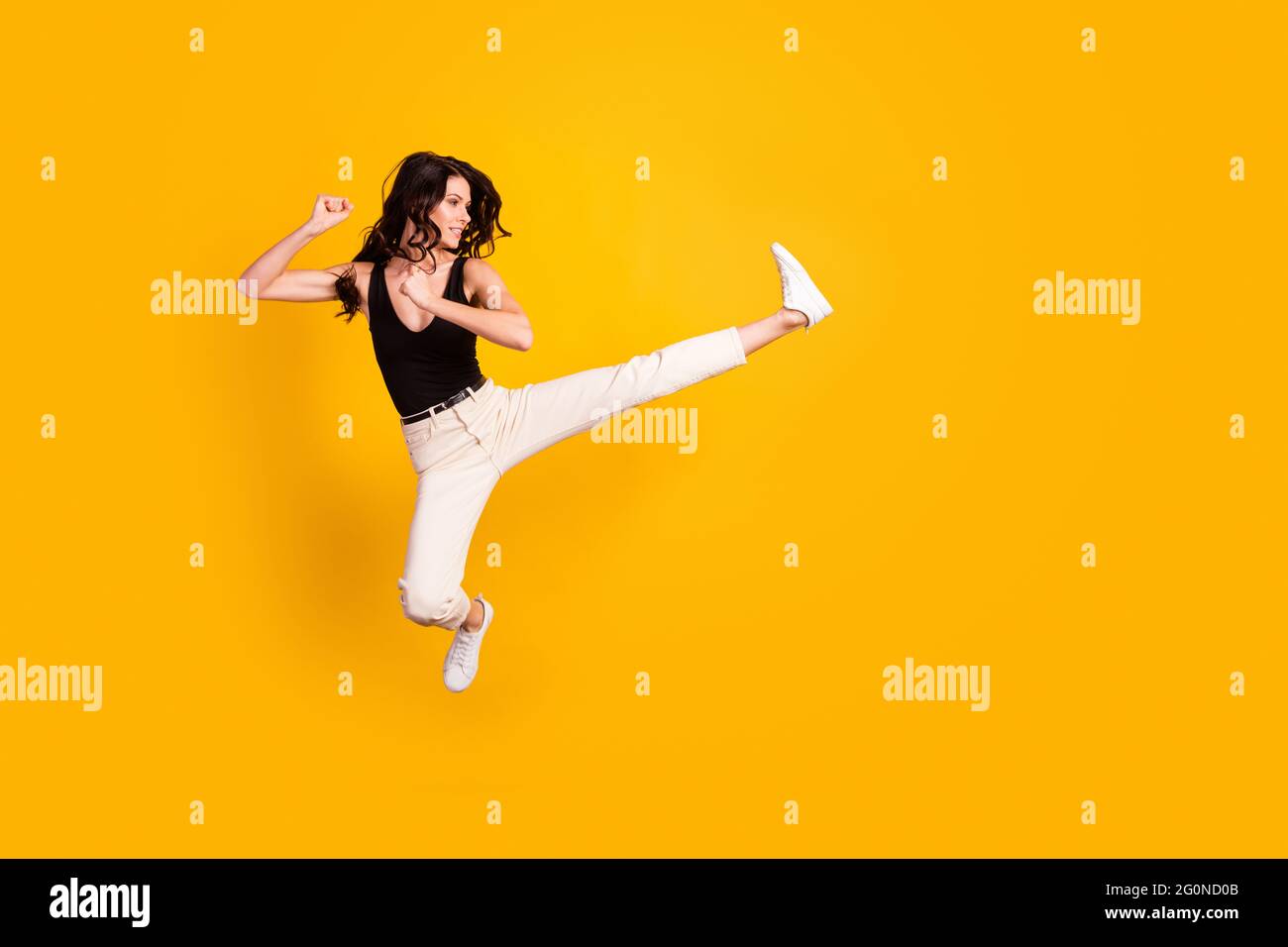 Full length body size side profile photo of woman jumping beating ...